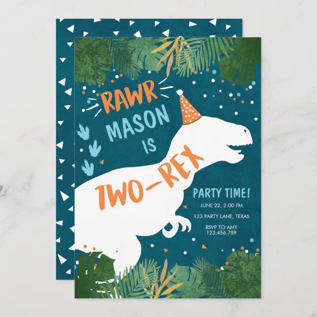 Dinosaur Two-Rex T-Rex RAWR 2nd Second Birthday Invitation | Zazzle