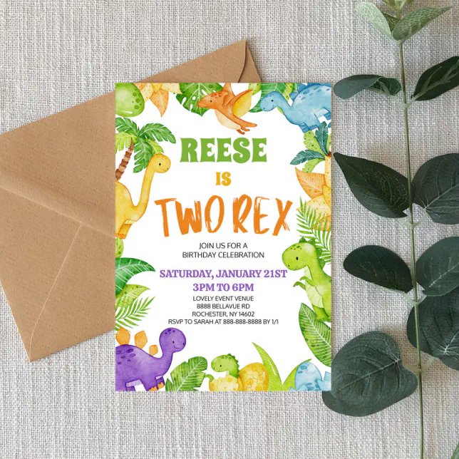 Dinosaur Two Rex T-Rex Second 2nd Birthday Party Invitation | Zazzle