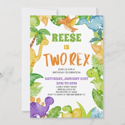 Dinosaur Two Rex T-Rex Second 2nd Birthday Party Invitation | Zazzle