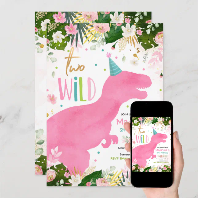 Dinosaur Two Wild Birthday Pink Dinosaur Birthday Invitation | Zazzle