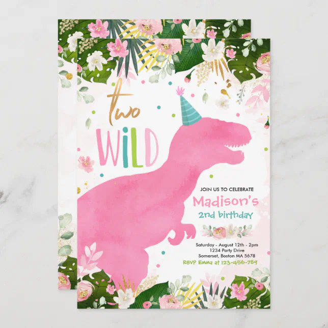 Dinosaur Two Wild Birthday Pink Dinosaur Birthday Invitation | Zazzle