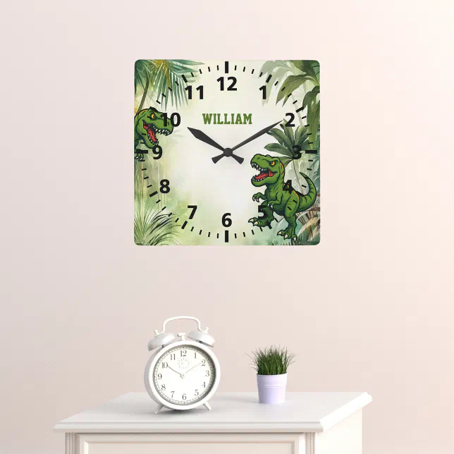 Dinosaur Tyrannosaurus Rex jungle Square Wall Clock | Zazzle