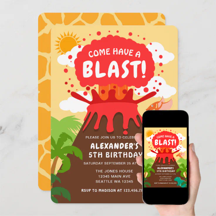 Dinosaur Volcano Kids Birthday Invitation | Zazzle