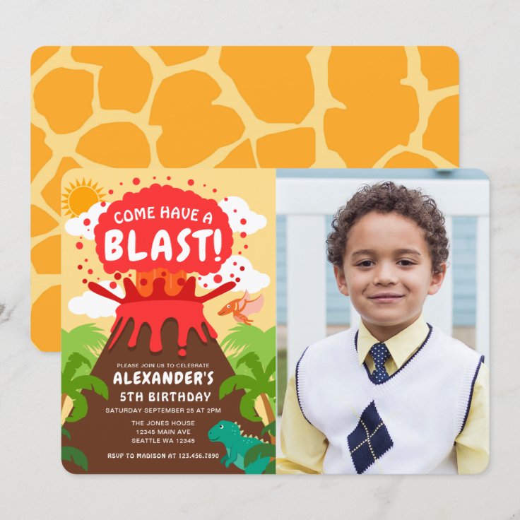 Dinosaur Volcano Kids Birthday Photo Invitation | Zazzle