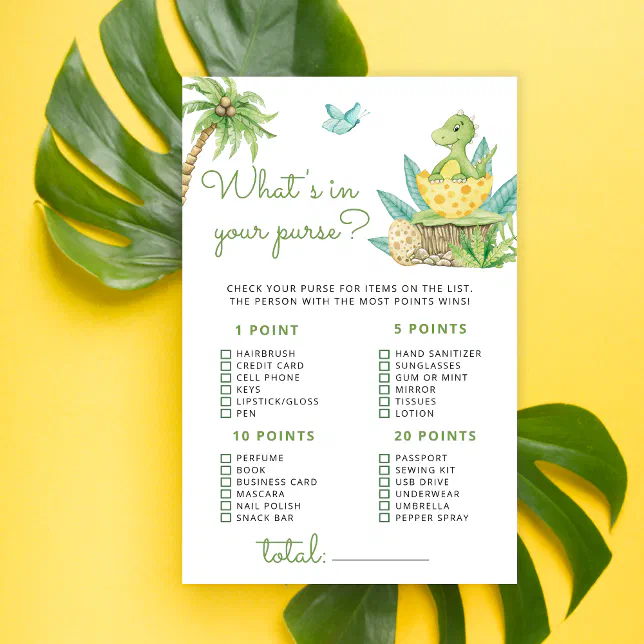 Dinosaur What's in Your Purse Baby Shower Game | Zazzle