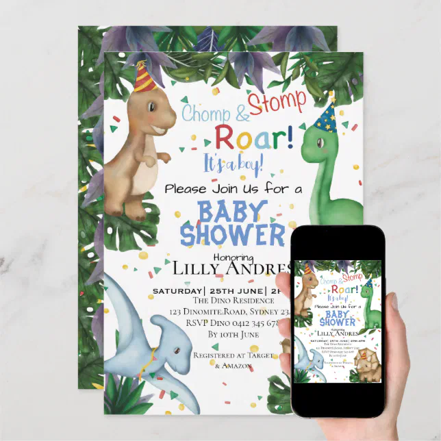 Dinosaurs Baby Shower Party | Stomp Chomp Roar! Invitation | Zazzle