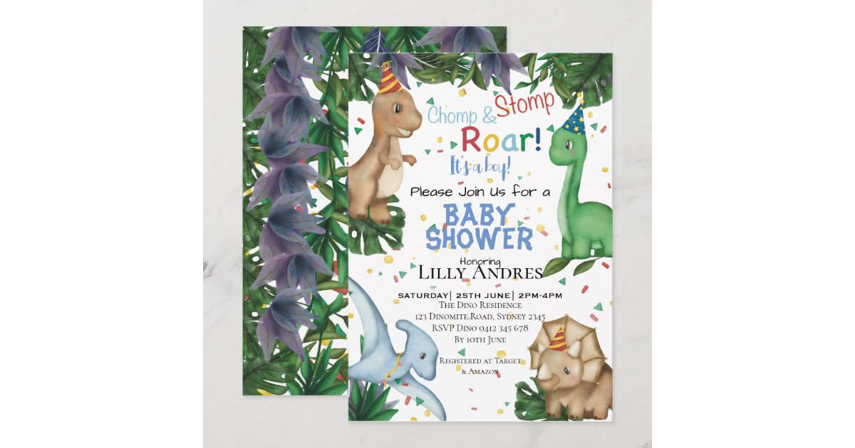 Dinosaurs Baby Shower Party | Stomp Chomp Roar! Invitation | Zazzle