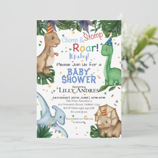 Dinosaurs Baby Shower Party | Stomp Chomp Roar! Invitation | Zazzle