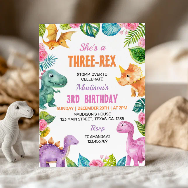 Dinosaurs Girl Three-rex Birthday Party Invitation | Zazzle