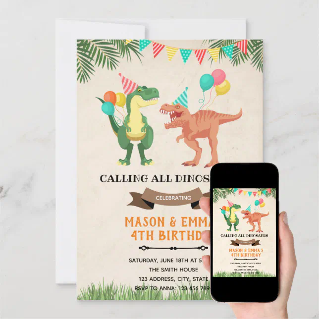 Dinosaurs joint birthday card invitation | Zazzle