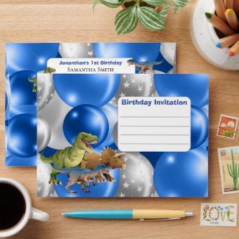 Dinosaurs Jurassic Party Birthday Invitation Blue Envelope | Zazzle