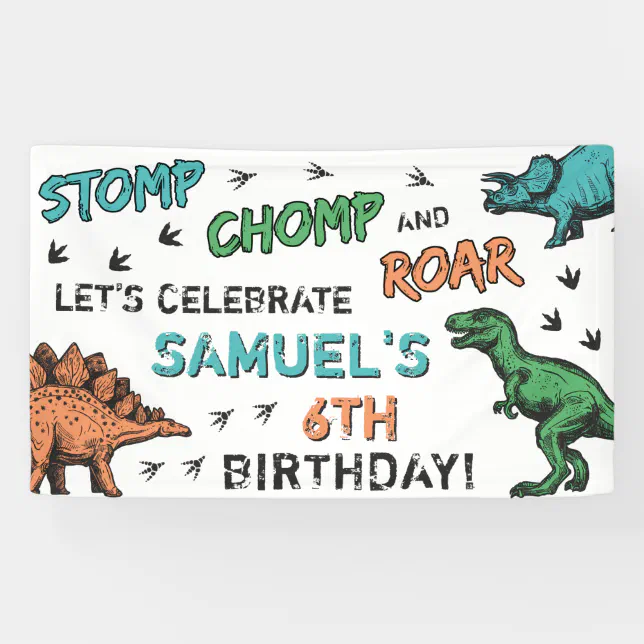 Dinosaurs Stomp Chomp Roar Birthday Party, Any Age Banner | Zazzle