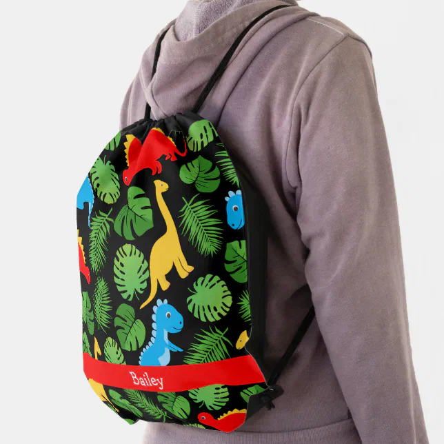 Dinosaurs Tropical Palms Kids Back to School Name Drawstring Bag | Zazzle