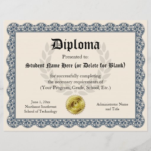 Diploma Certificate of Graduation Blue 8.5x11 | Zazzle