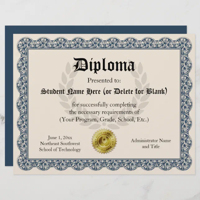 Diploma Certificate of Graduation Blue 8.5x11 | Zazzle