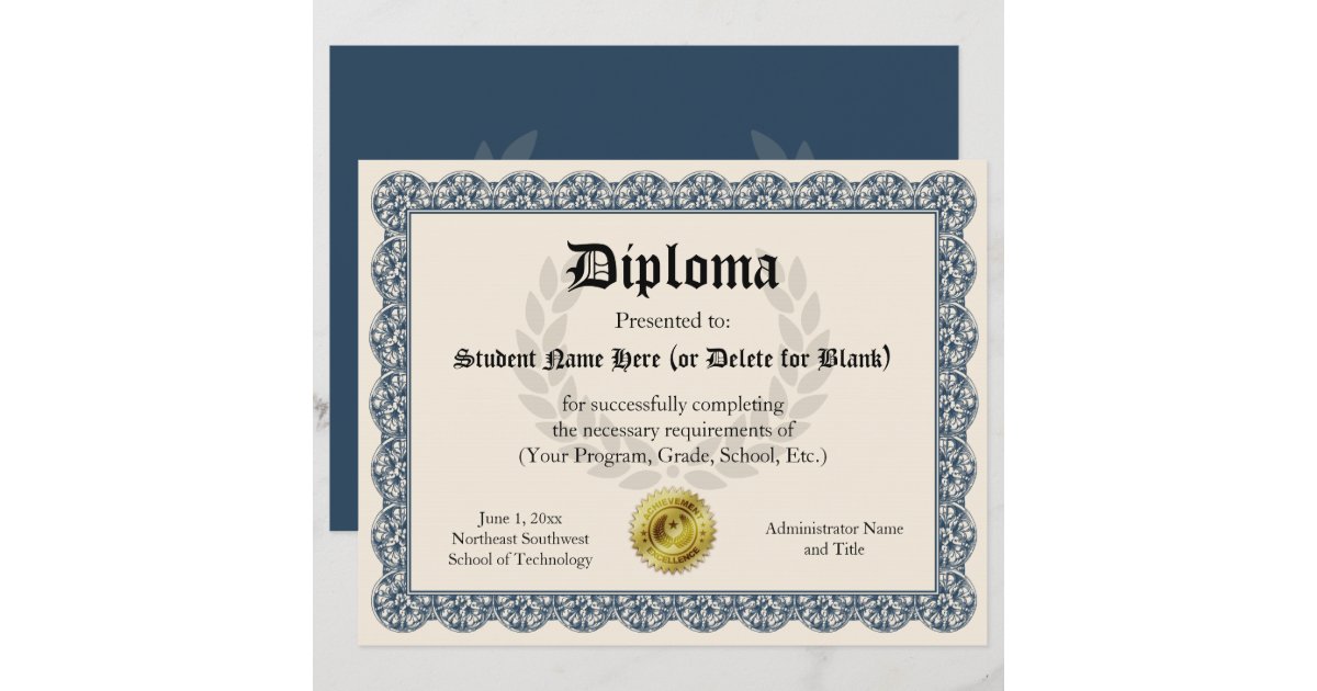Diploma Certificate of Graduation Blue 8.5x11 | Zazzle