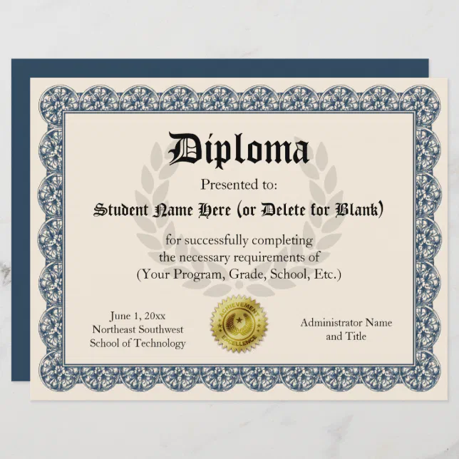 Diploma Certificate of Graduation Blue 8.5x11 | Zazzle
