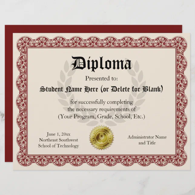 Diploma Certificate of Graduation Red 8.5x11 | Zazzle
