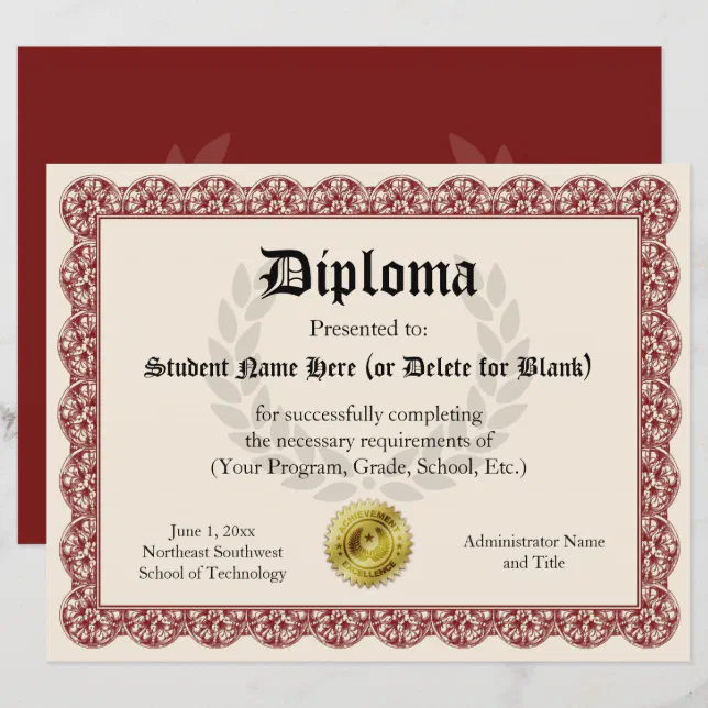 Diploma Certificate of Graduation Red 8.5x11 | Zazzle