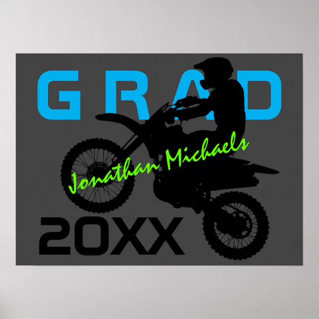 Dirt Bike Motocross Blue Green Grey Graduation Poster | Zazzle