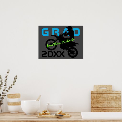 Dirt Bike Motocross Blue Green Grey Graduation Poster | Zazzle