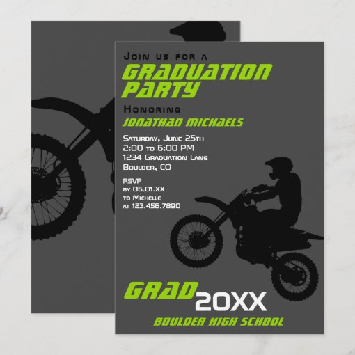 Dirt Bike Motocross Green Black White Graduation Invitation | Zazzle