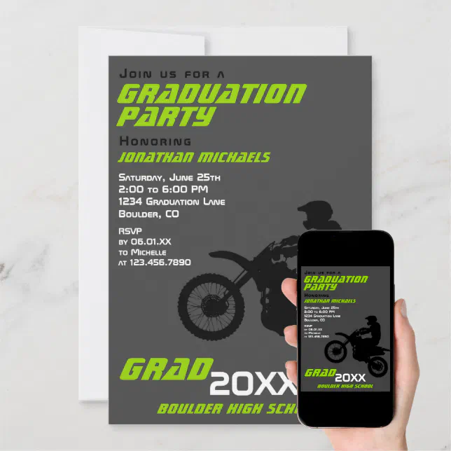 Dirt Bike Motocross PHOTO Green Graduation Invitation | Zazzle