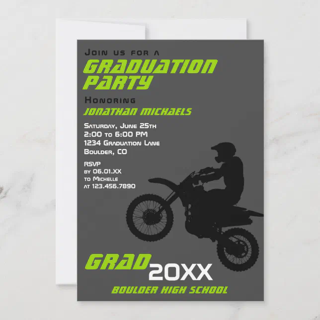 Dirt Bike Motocross PHOTO Green Graduation Invitation | Zazzle