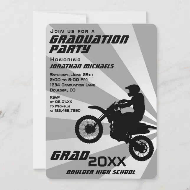 Dirt Bike Motocross Retro Sunburst Graduation Invitation | Zazzle
