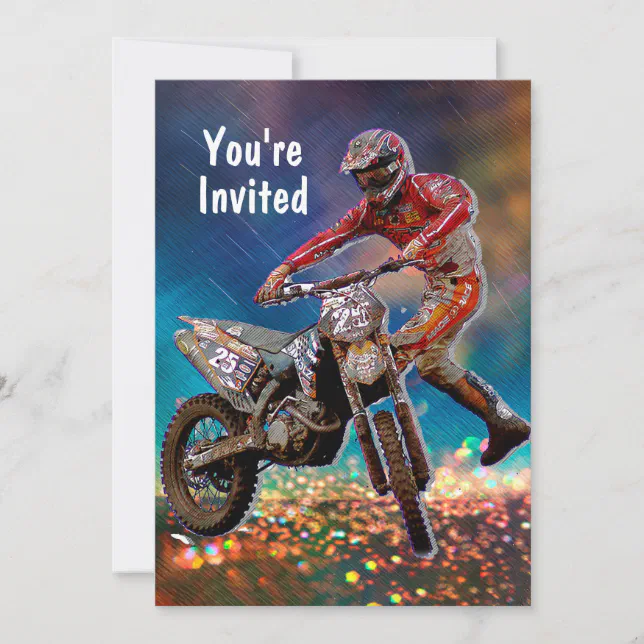 Dirt Bike Rider in Crystal Rain Storm Invitation | Zazzle