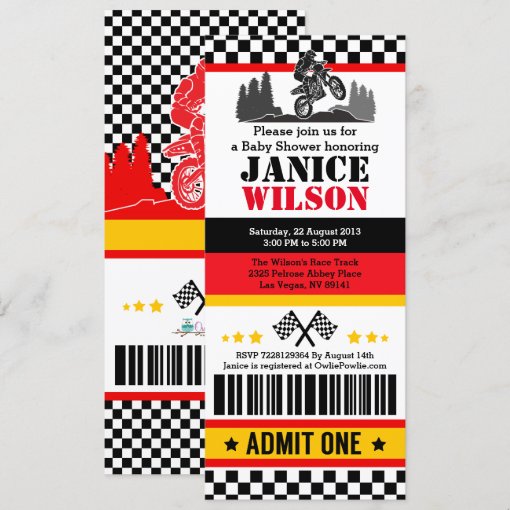 Dirt Bike Ticket Pass Baby Shower Party Invitation | Zazzle
