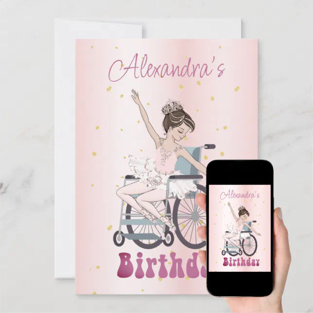 Disabled Ballerina Dark Hair Girls Birthday Invitation | Zazzle