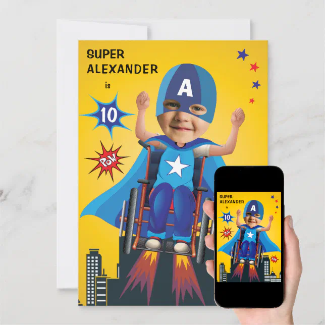 Disabled Flying Superhero Wheelchair Fun Birthday Invitation | Zazzle