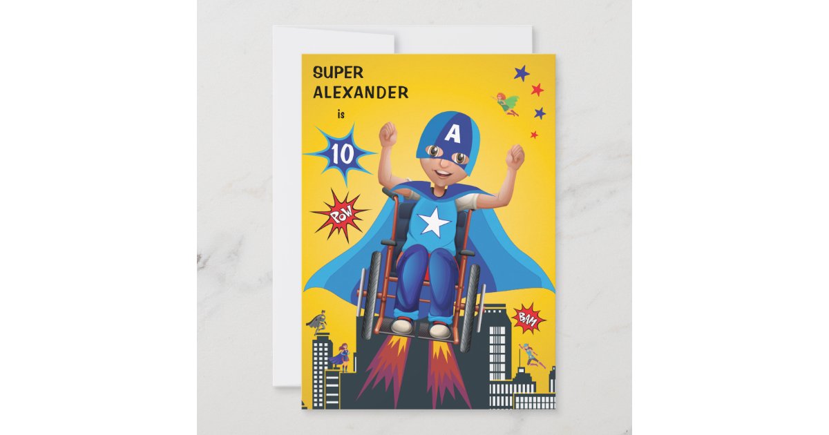 Disabled Fun Birthday Flying Superhero Wheelchair Invitation | Zazzle