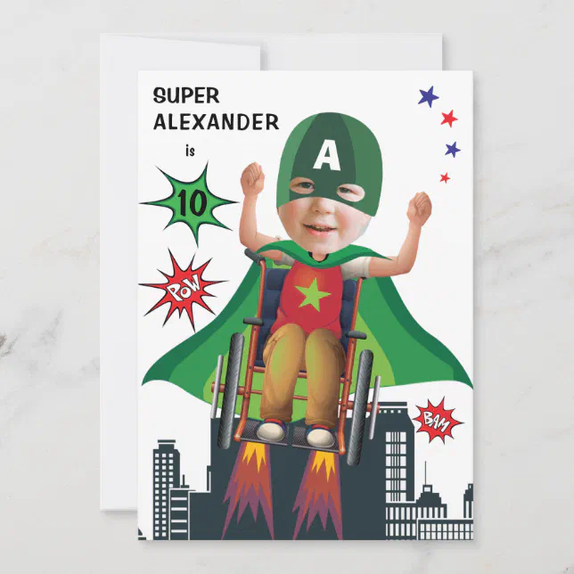 Disabled Superhero Birthday Fun Flying Wheelchair Invitation | Zazzle
