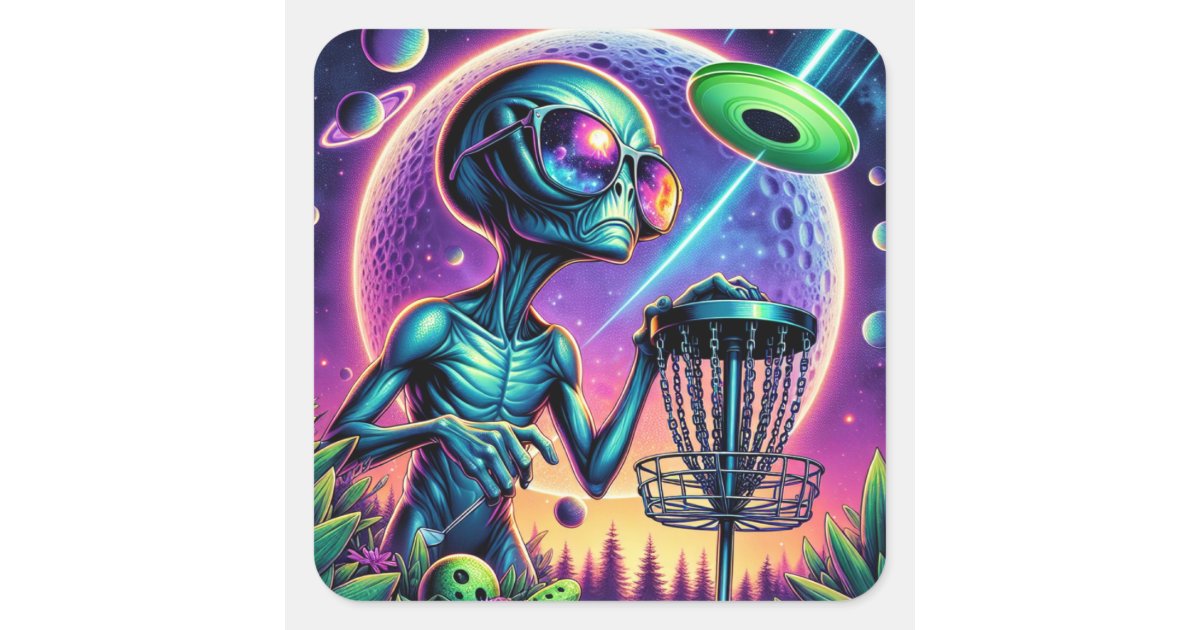 Disc Golfing Alien Square Sticker | Zazzle