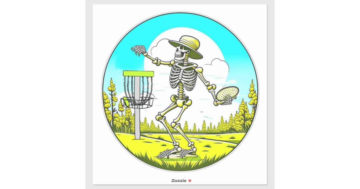 Disc Golfing Skeleton in Hat Retro Sticker | Zazzle