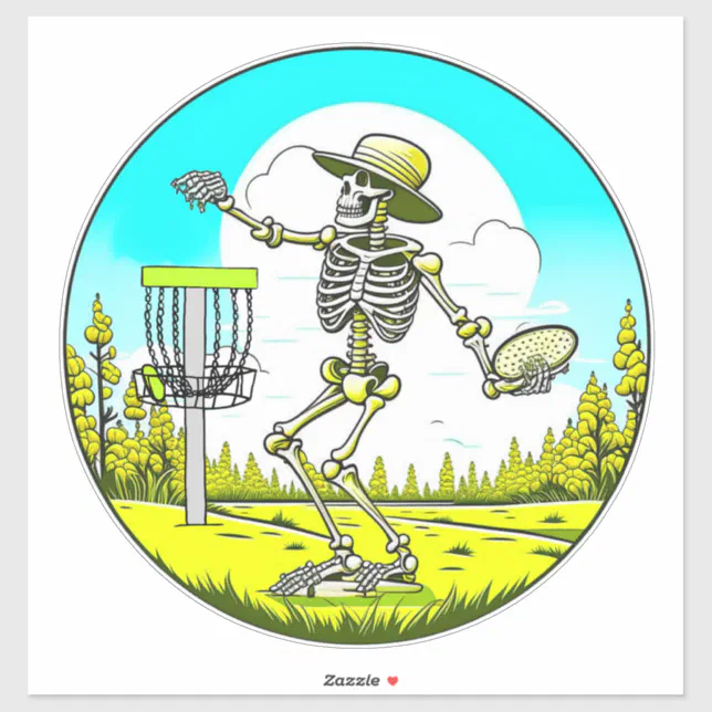 Disc Golfing Skeleton in Hat Retro Sticker | Zazzle