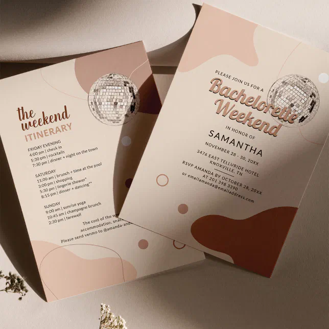 Disco Bachelorette Weekend Party with Itinerary Invitation | Zazzle