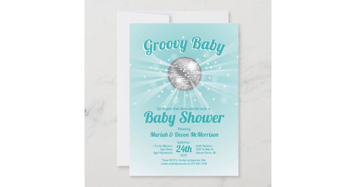 Disco Ball Baby Shower Groovy Blue Boy Invitation | Zazzle