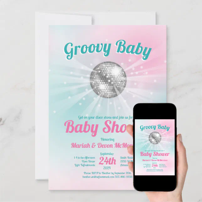 Disco Ball Baby Shower Groovy Invitation | Zazzle