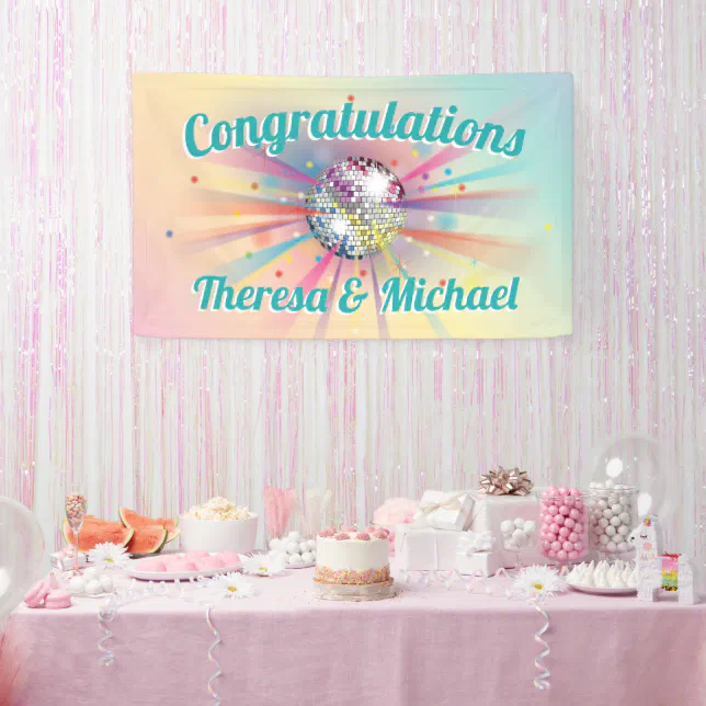 Disco Ball Baby Shower Groovy Pastel Rainbow Banner | Zazzle