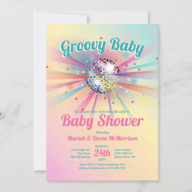 Disco Ball Baby Shower Groovy Pastel Rainbow Invitation | Zazzle