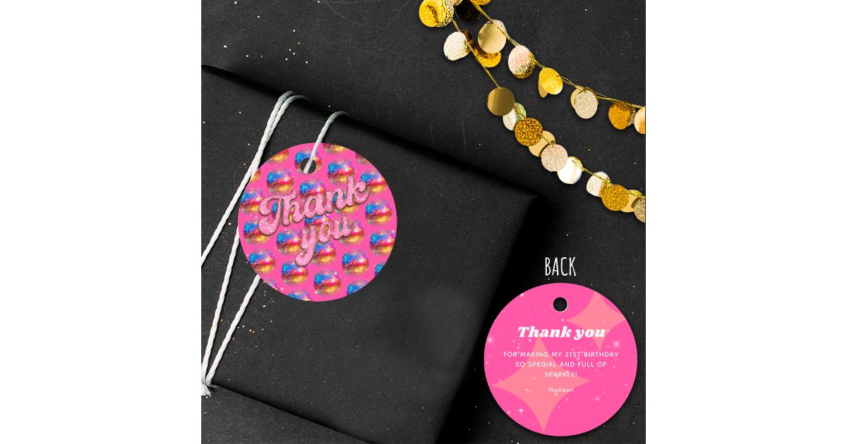 Disco Ball Birthday Party Pink Glitter Thank You Favor Tags | Zazzle