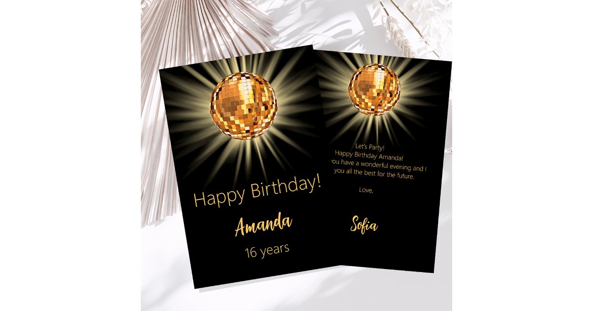 Disco ball black gold happy birthday card | Zazzle