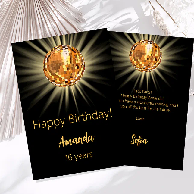Disco ball black gold happy birthday card | Zazzle