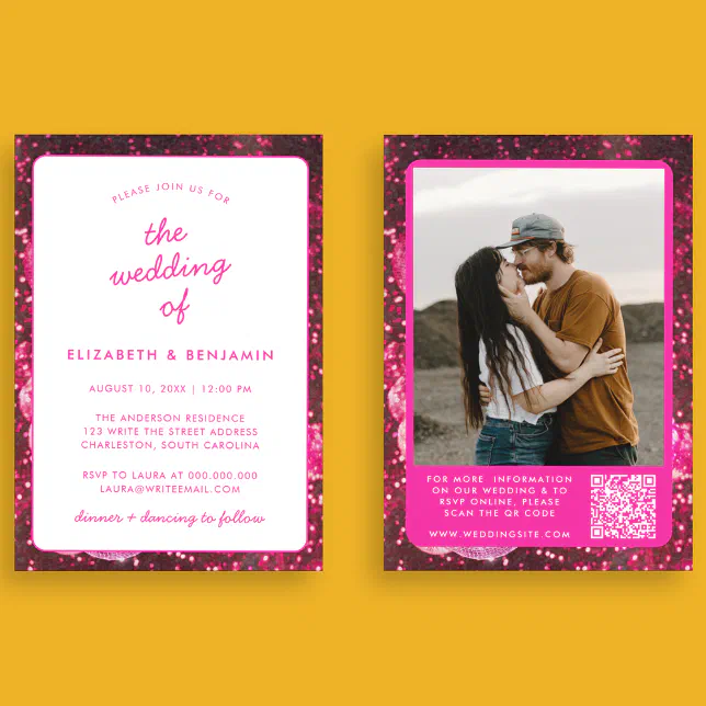 Disco Ball Retro QR Code Photo Hot Pink Wedding Invitation | Zazzle
