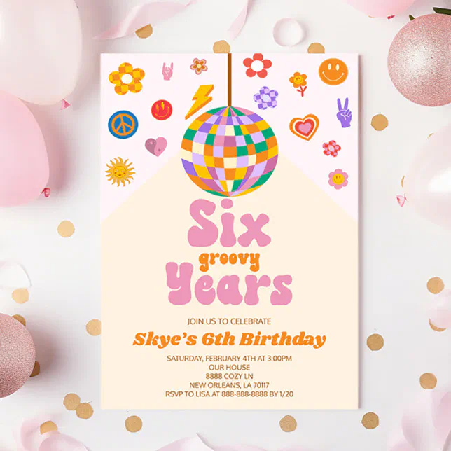 Disco Ball Six Groovy Years 6th Birthday Party Invitation | Zazzle