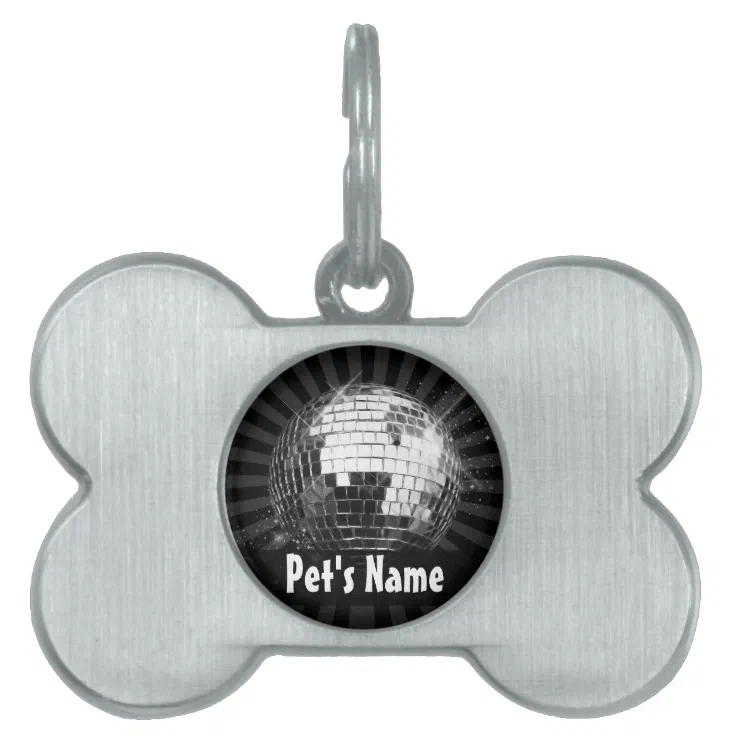 Disco Ball w/Black Background Pet Name Tag | Zazzle