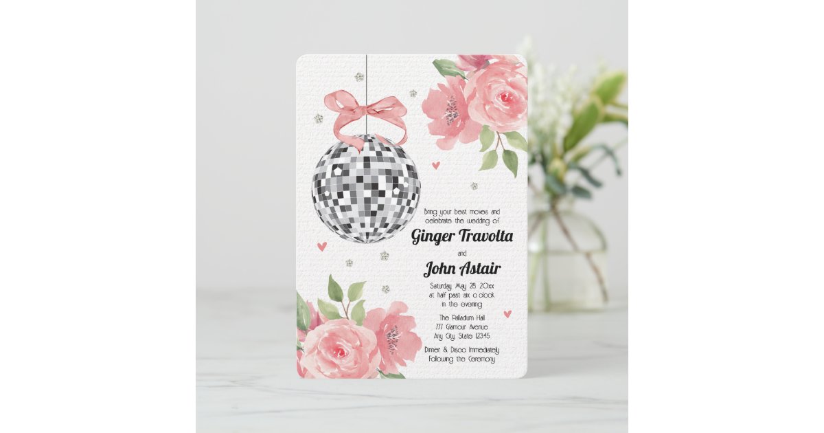 Disco Ball Wedding Invitations Pink Floral | Zazzle